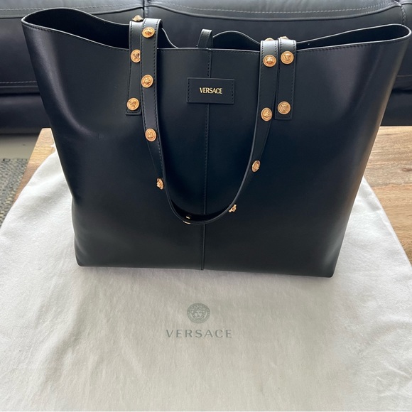 Versace | Bags | Authentic Versace Black Calfskin Palazzo Large Tote W ...